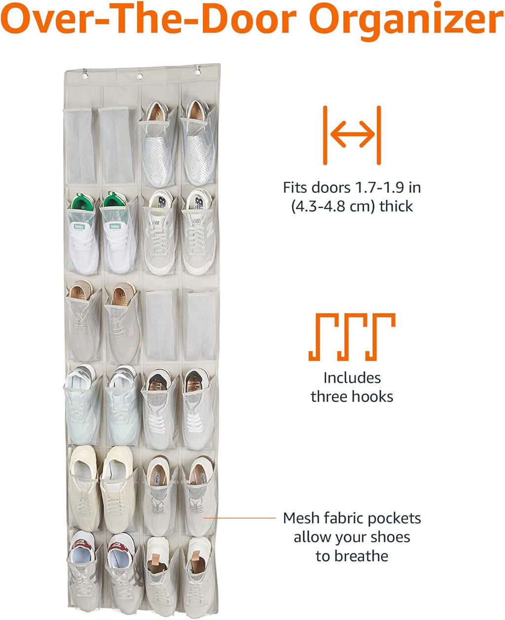 24-Pocket Over-the-Door Shoe Organizer | Breathable Mesh Storage ...